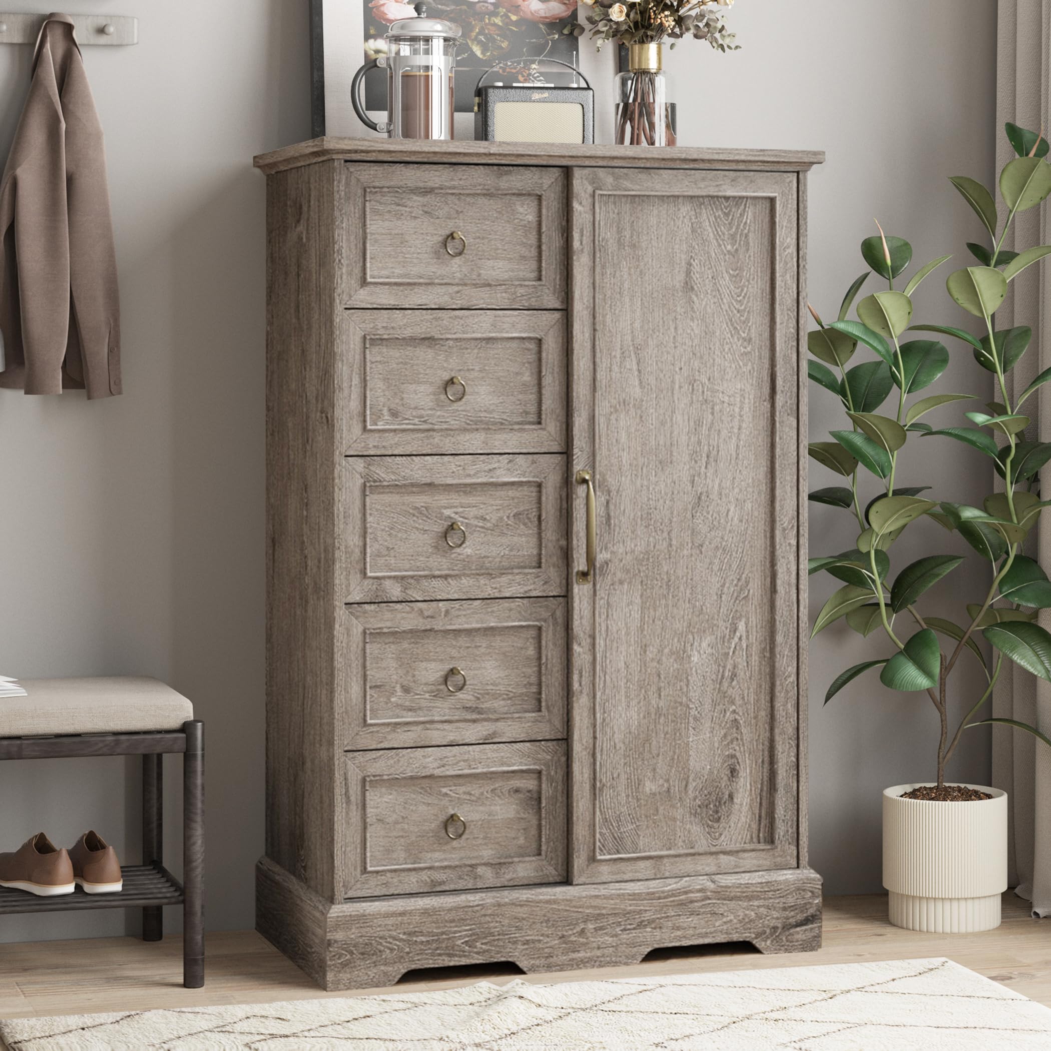 Vabches Dresser for Bedroom, 5 Drawers Dresser Organizer with Sliding Barn Door, 48" Tall Farmhouse Chest of Drawers, Wood Dresser for Hallway, Bedroom, Living Room, Rustic Washed Grey