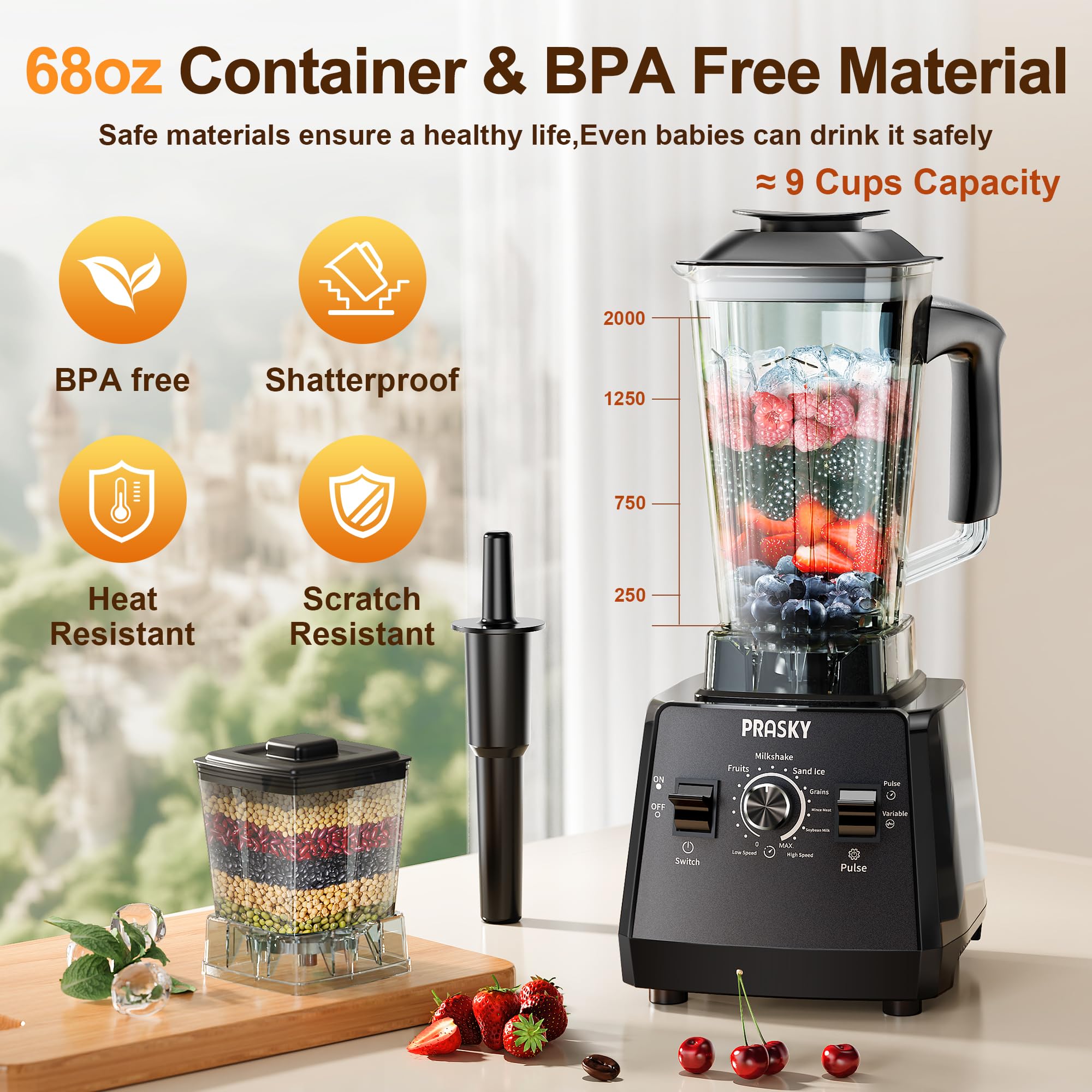 Professional Blender,Smoothies Blenders, PRASKY Max.2400Watts/1000Watts Blender and Grinder Combo 25000RPM Powerful Kitchen Blender 68oz BPA Free 2 Containers Countertop Blenders Ice Crushing, Juice