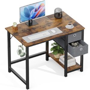 sweetcrispy small computer desk with drawers 40 inch office writing work kids study 2-tier wood corner table with storage drawers shelf for bedroom home office - rustic brown