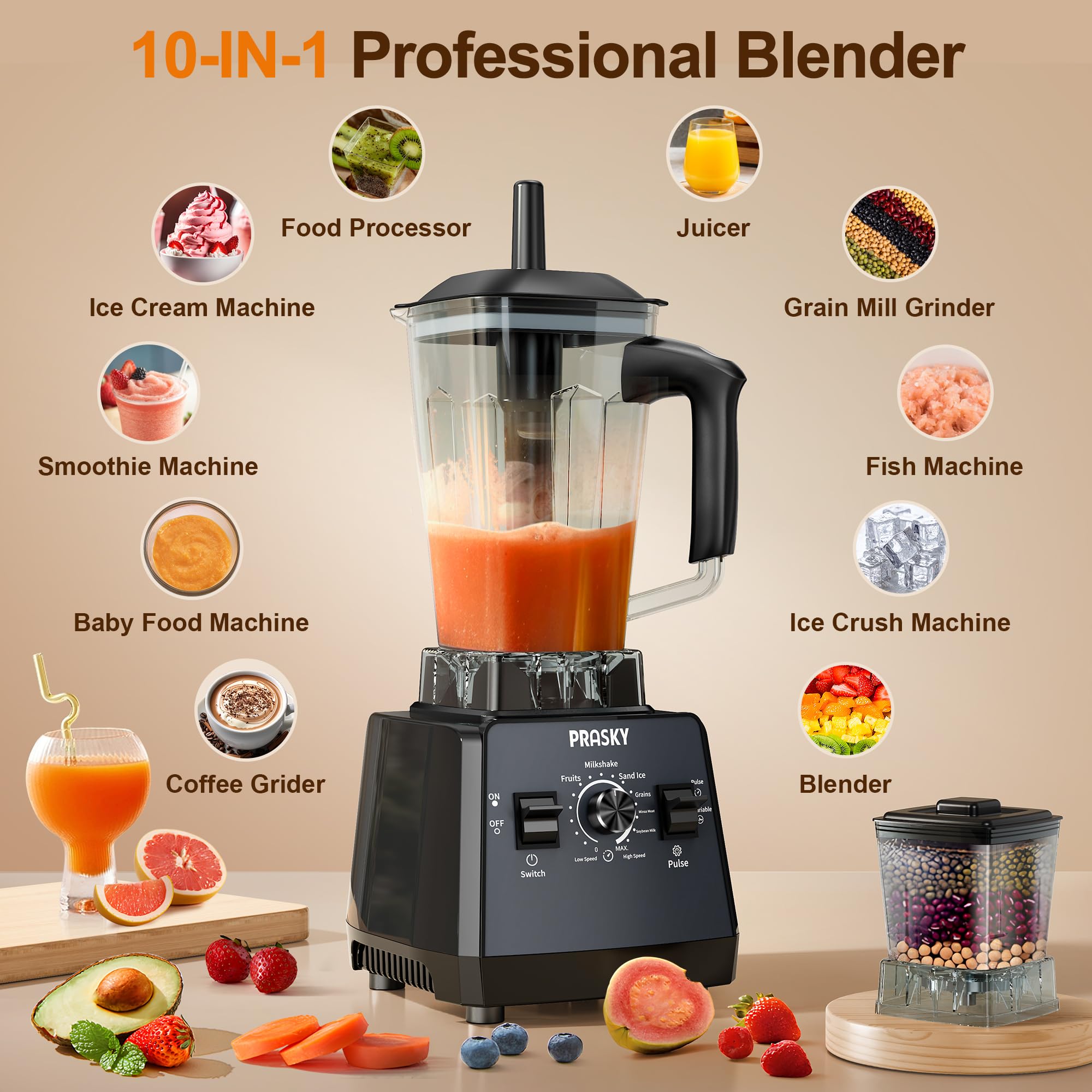 Professional Blender,Smoothies Blenders, PRASKY Max.2400Watts/1000Watts Blender and Grinder Combo 25000RPM Powerful Kitchen Blender 68oz BPA Free 2 Containers Countertop Blenders Ice Crushing, Juice