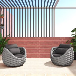 TWT 2 Pieces Patio Furniture Aluminum Armchair, All-Weather Outdoor Single Sofa, Metal Outdoor Chair with Dark Grey Cushions