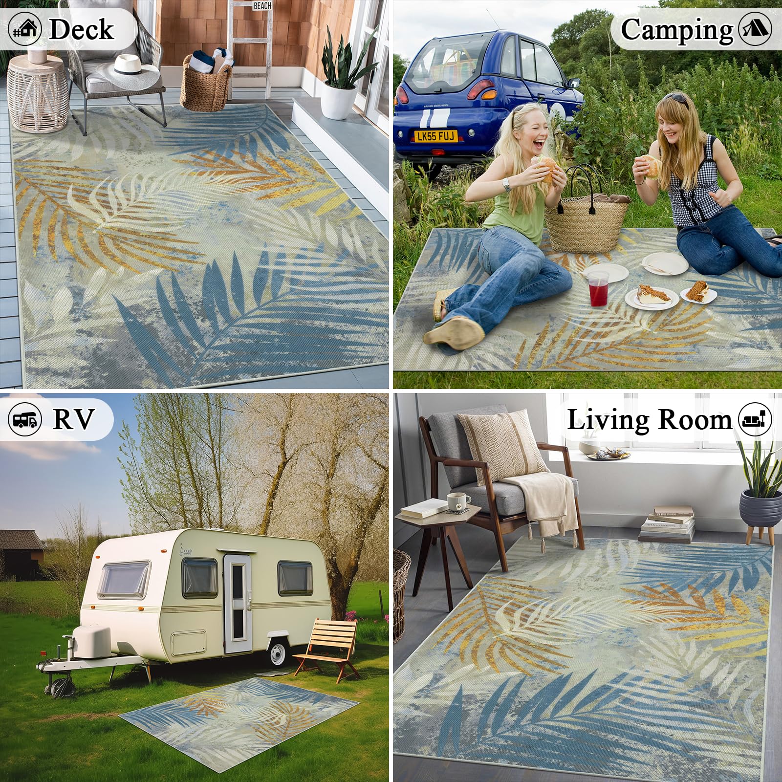 Vaukki Patio Outdoor Rug, Non Slip Picnic Outdoor Rug for Patio, Leaf Washable Outside Deck Area Rug, Outdoor Camping Carpet for RV, Deck, Camping and Patio (Blue, 3'x5')