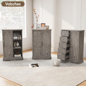 Vabches Dresser for Bedroom, 5 Drawers Dresser Organizer with Sliding Barn Door, 48" Tall Farmhouse Chest of Drawers, Wood Dresser for Hallway, Bedroom, Living Room, Rustic Washed Grey