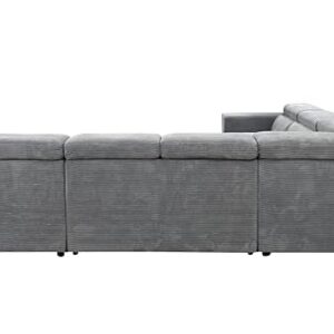 THSUPER Corduroy 123" Oversized U Shape Sectional Sleeper Sofa with Pull Out Bed, 7-Seats Sleeper Sectional Sofa with Storage Chaise and Adjustable Headrest for Living Room - Dark Grey