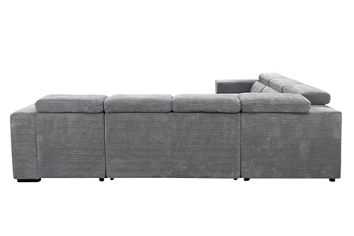 THSUPER Corduroy 123" Oversized U Shape Sectional Sleeper Sofa with Pull Out Bed, 7-Seats Sleeper Sectional Sofa with Storage Chaise and Adjustable Headrest for Living Room - Dark Grey