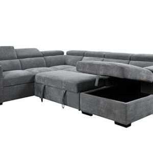 THSUPER Corduroy 123" Oversized U Shape Sectional Sleeper Sofa with Pull Out Bed, 7-Seats Sleeper Sectional Sofa with Storage Chaise and Adjustable Headrest for Living Room - Dark Grey