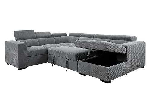 THSUPER Corduroy 123" Oversized U Shape Sectional Sleeper Sofa with Pull Out Bed, 7-Seats Sleeper Sectional Sofa with Storage Chaise and Adjustable Headrest for Living Room - Dark Grey