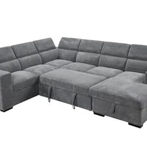 THSUPER Corduroy 123" Oversized U Shape Sectional Sleeper Sofa with Pull Out Bed, 7-Seats Sleeper Sectional Sofa with Storage Chaise and Adjustable Headrest for Living Room - Dark Grey