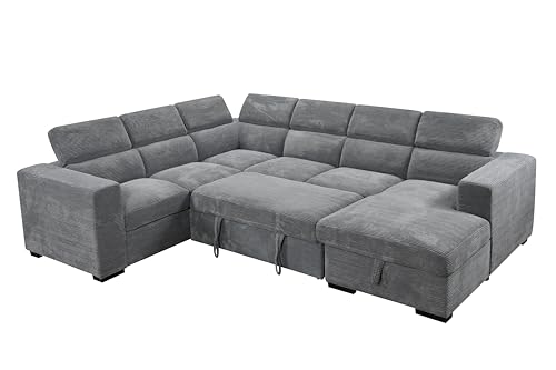 THSUPER Corduroy 123" Oversized U Shape Sectional Sleeper Sofa with Pull Out Bed, 7-Seats Sleeper Sectional Sofa with Storage Chaise and Adjustable Headrest for Living Room - Dark Grey