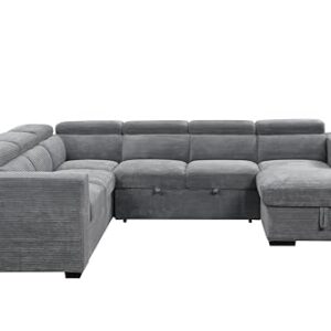 THSUPER Corduroy 123" Oversized U Shape Sectional Sleeper Sofa with Pull Out Bed, 7-Seats Sleeper Sectional Sofa with Storage Chaise and Adjustable Headrest for Living Room - Dark Grey