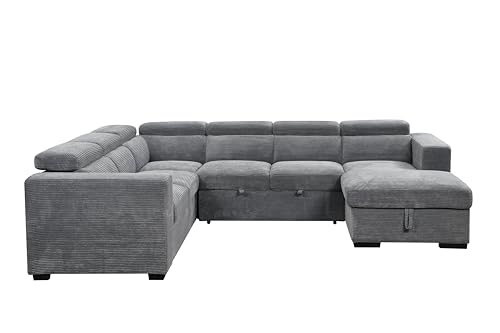 THSUPER Corduroy 123" Oversized U Shape Sectional Sleeper Sofa with Pull Out Bed, 7-Seats Sleeper Sectional Sofa with Storage Chaise and Adjustable Headrest for Living Room - Dark Grey