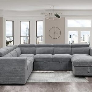 THSUPER Corduroy 123" Oversized U Shape Sectional Sleeper Sofa with Pull Out Bed, 7-Seats Sleeper Sectional Sofa with Storage Chaise and Adjustable Headrest for Living Room - Dark Grey