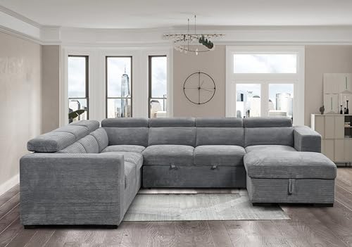 THSUPER Corduroy 123" Oversized U Shape Sectional Sleeper Sofa with Pull Out Bed, 7-Seats Sleeper Sectional Sofa with Storage Chaise and Adjustable Headrest for Living Room - Dark Grey