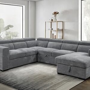 THSUPER Corduroy 123" Oversized U Shape Sectional Sleeper Sofa with Pull Out Bed, 7-Seats Sleeper Sectional Sofa with Storage Chaise and Adjustable Headrest for Living Room - Dark Grey