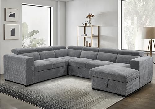 THSUPER Corduroy 123" Oversized U Shape Sectional Sleeper Sofa with Pull Out Bed, 7-Seats Sleeper Sectional Sofa with Storage Chaise and Adjustable Headrest for Living Room - Dark Grey