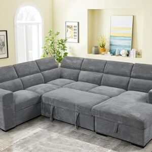 THSUPER Corduroy 123" Oversized U Shape Sectional Sleeper Sofa with Pull Out Bed, 7-Seats Sleeper Sectional Sofa with Storage Chaise and Adjustable Headrest for Living Room - Dark Grey