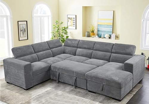 THSUPER Corduroy 123" Oversized U Shape Sectional Sleeper Sofa with Pull Out Bed, 7-Seats Sleeper Sectional Sofa with Storage Chaise and Adjustable Headrest for Living Room - Dark Grey