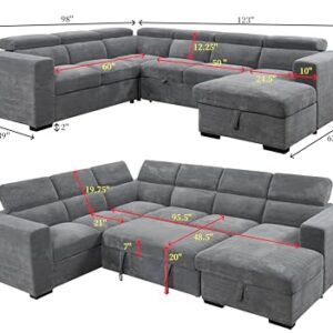 THSUPER Corduroy 123" Oversized U Shape Sectional Sleeper Sofa with Pull Out Bed, 7-Seats Sleeper Sectional Sofa with Storage Chaise and Adjustable Headrest for Living Room - Dark Grey