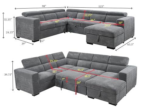 THSUPER Corduroy 123" Oversized U Shape Sectional Sleeper Sofa with Pull Out Bed, 7-Seats Sleeper Sectional Sofa with Storage Chaise and Adjustable Headrest for Living Room - Dark Grey