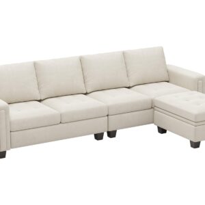 Belffin Velvet Reversible Sectional Sofa with Chasie Convertible L Shaped 4-seat Sectional Couch with Storage Ottoman Beige