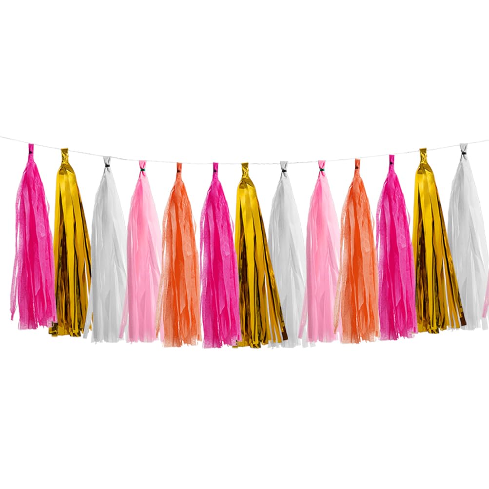 Hot Pink Orange Gold and White Paper Tissue Tassel Garland Party Decoration for Baby Shower Birthday Graduation Autumn Fall Groovy Party, Pack of 25