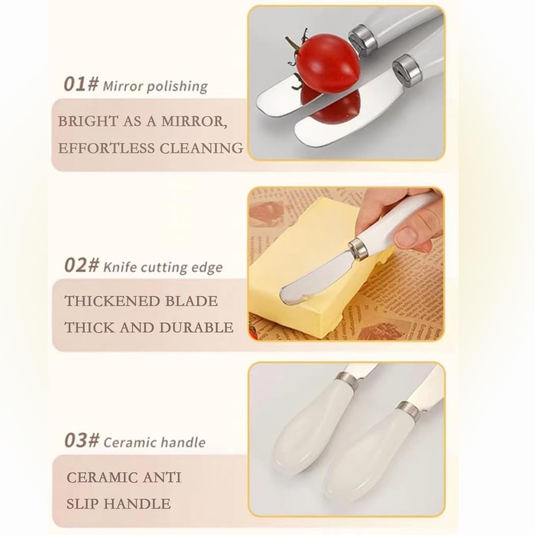 Brother Yixiu 2Pcs Ceramic Handle Butter Knife Stainless Steel Butter Knife Tableware, Kitchen Butter Knife Cheese Knife, Jam Spatula, Household Cheese Knife