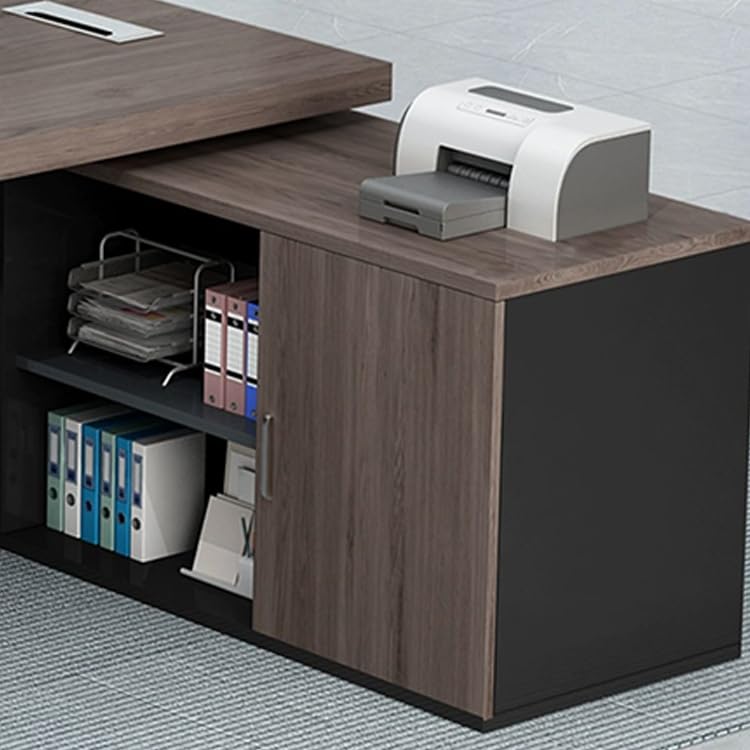 XINDAR Wood Office Desk, Office Executive Desk in L-Shaped with Cabinet and Pedestal Base (Oak-Right Hand Return, 79" L x 47" W x 30" H)