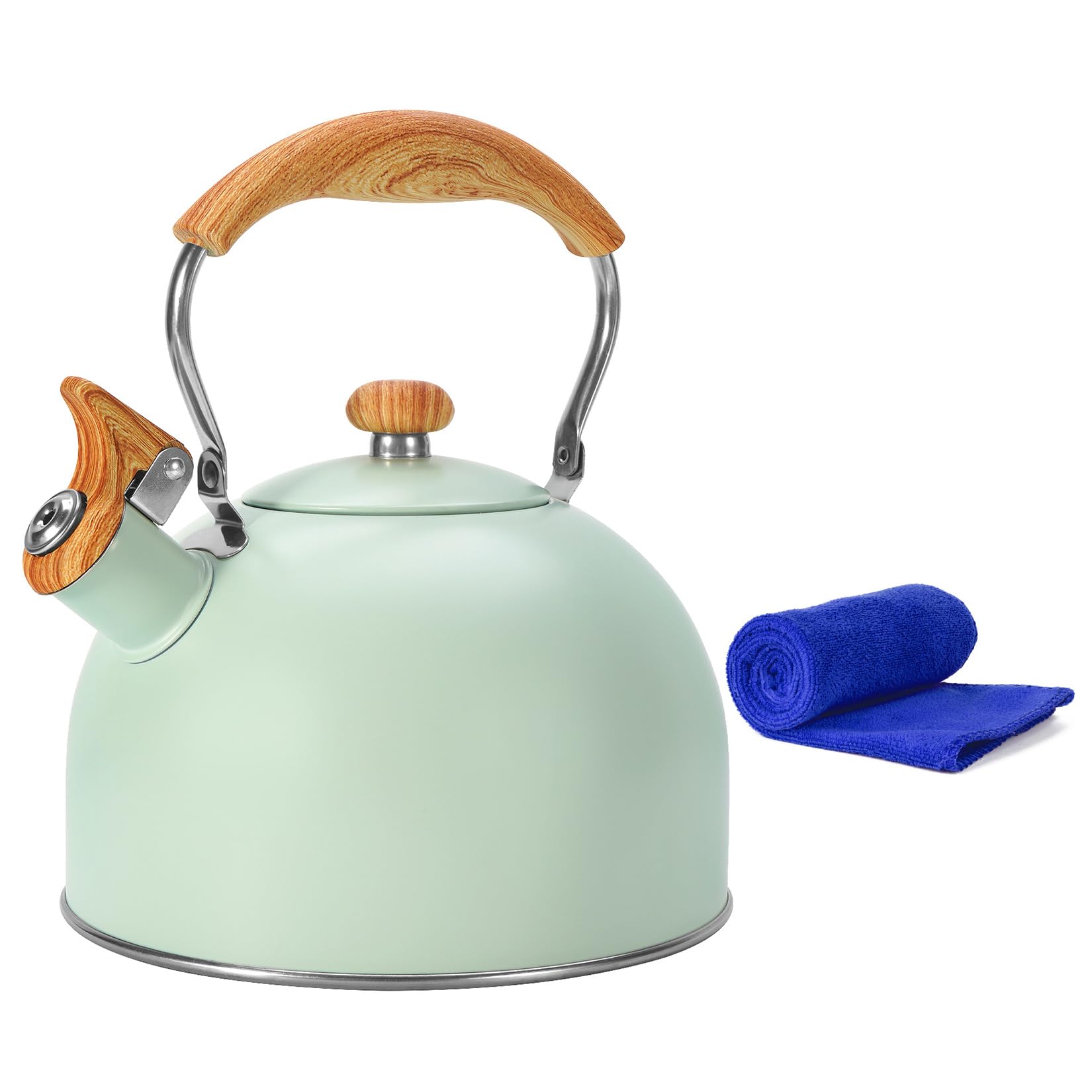 Foedo Tea Kettle Stovetop, 2.6 Quart cute teapot,loud whistle kettle, Food Grade Stainless Steel with Fold wood grain handle, Mint Green,With Anti Scald Towel