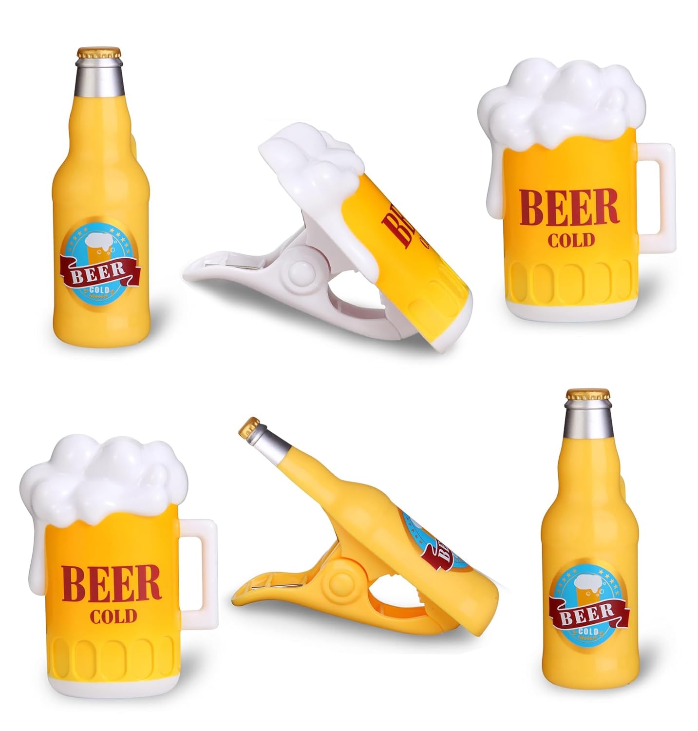 SCNWQ Beach Towel Clips - 6PC Stylish Towel Holders for Beach Chairs, Beer Design Pool Chair Clips - Cruise Essentials for Beach Vacations to Keep Your Towels Secure from Blowing Away