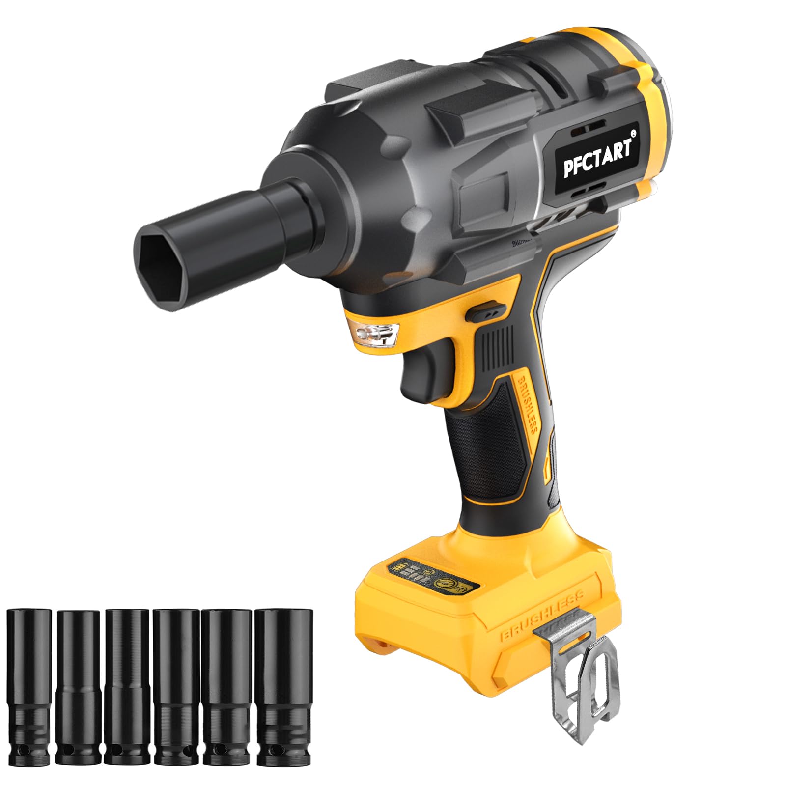 PFCTART Cordless Impact Wrench 1/2, 20V Electric Impact Gun 3300 RPM & Max Torque (1250N.m) 922ft-lbs, Brushless Power Impact Driver with 6 Impact Sockets, Impact Wrench for Tire Lug Nuts