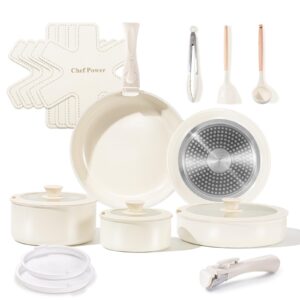 chef power ceramic cookware set with detachable handles, healthy nonstick pans and pots set 19 pcs, induction dishwasher oven safe kitchen set, pfas pfoa & ptfe free, cream white