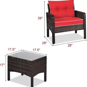 LDAILY Patio Furniture Set, 3 Pieces Outdoor Rattan Patio Chairs with Comfortable Cushion & Glass Tabletop, Outdoor Furniture Wicker Conversation Set for Porch, Balcony, Garden, Poolside (Red)