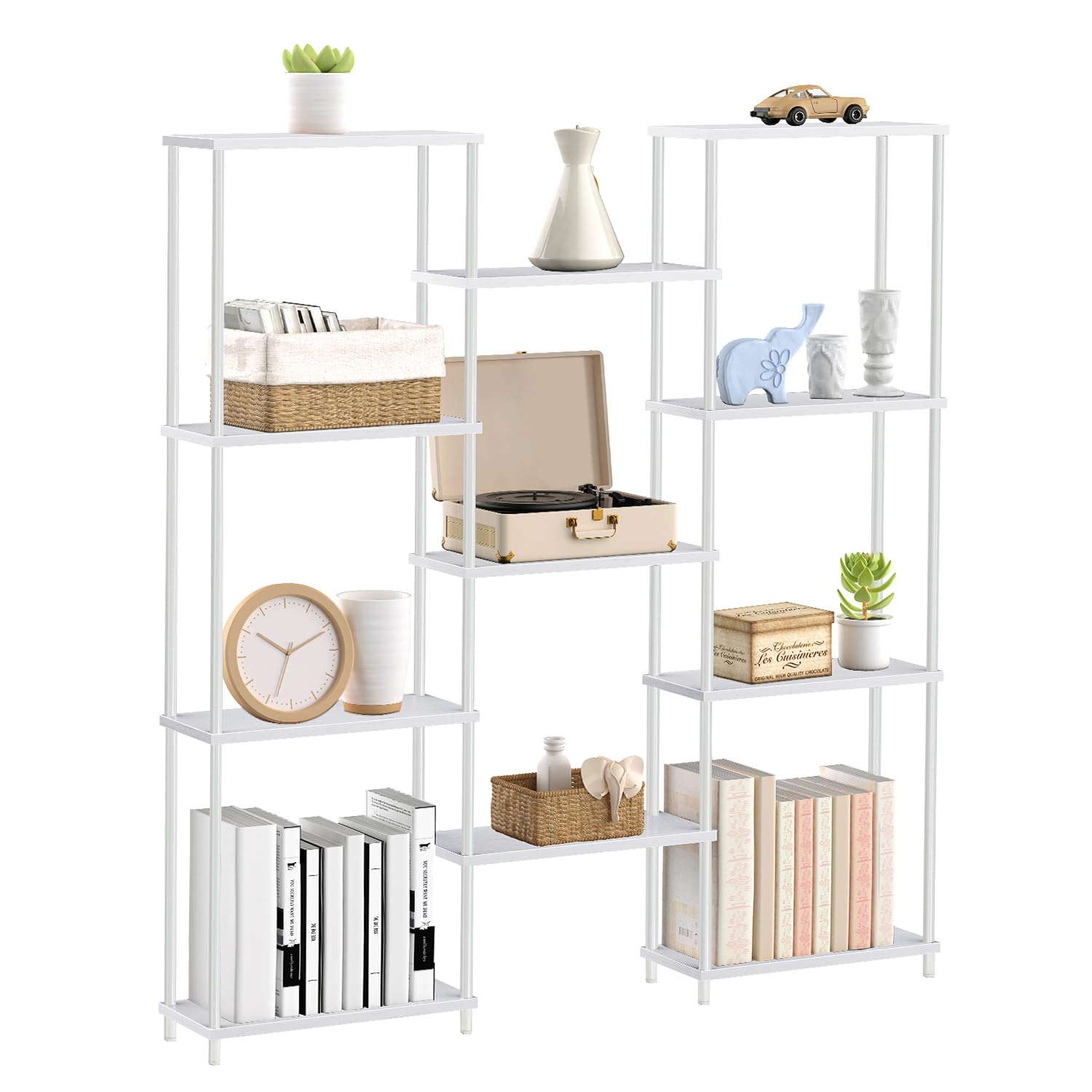 MOOACE 4 Tier Bookshelf, Industrial Style Bookcases with 11 Open Display Shelves, Open Large Storage Bookshelves Shelving with Anti-Falling Device for Bedroom,Living Room, Office Display Cabinet White