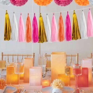 Hot Pink Orange Gold and White Paper Tissue Tassel Garland Party Decoration for Baby Shower Birthday Graduation Autumn Fall Groovy Party, Pack of 25