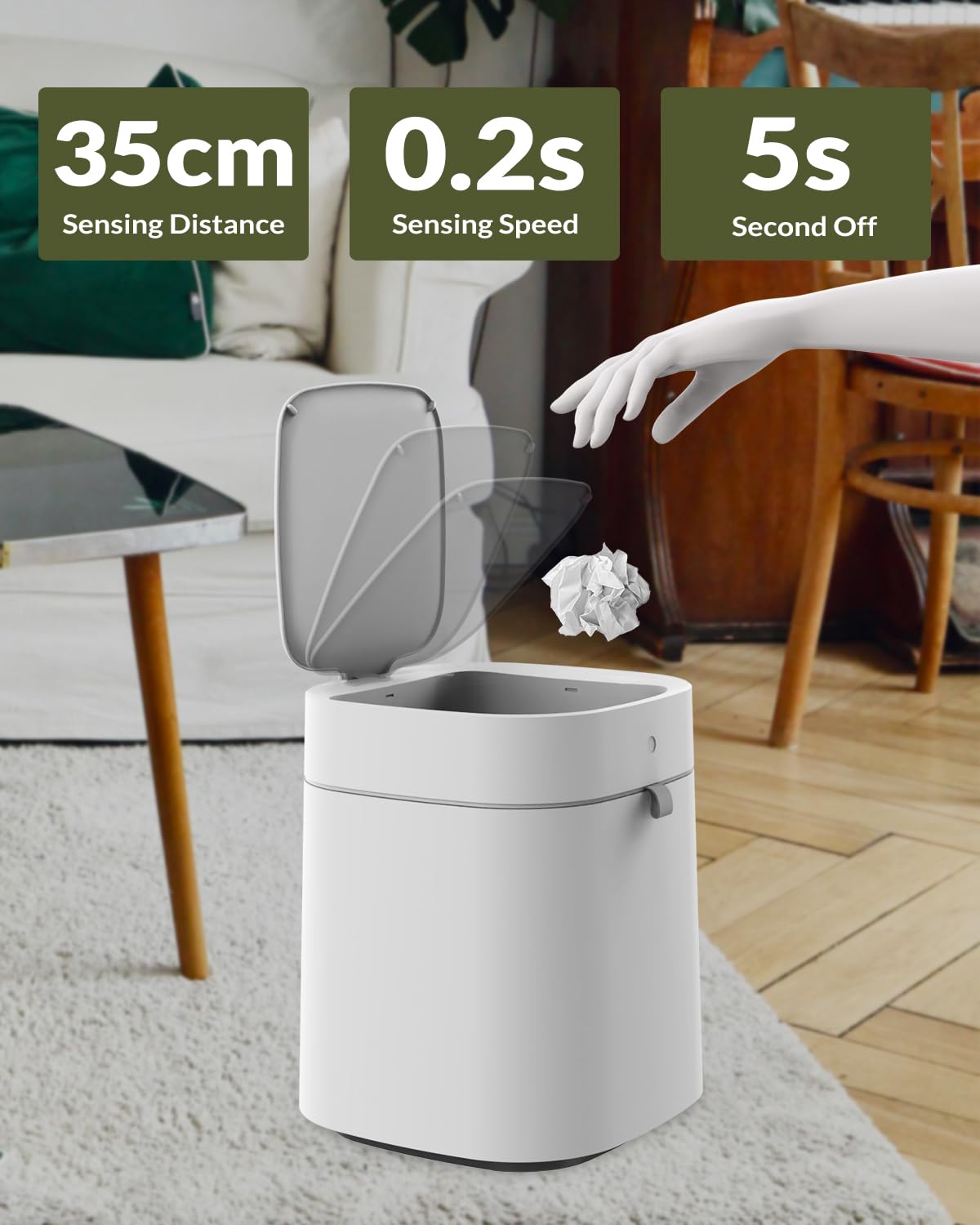 IntreLife Automatic Trash Can, 3.5 Gallon Self-Sealing and Self-Changing Smart Trash Can, Rechargeable Touchless Motion Sensor Trash Bin with Lid for Bathroom Kitchen Office Bedroom(White)