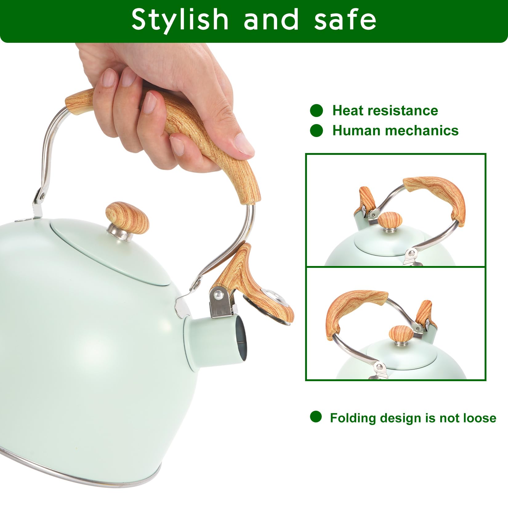 Foedo Tea Kettle Stovetop, 2.6 Quart cute teapot,loud whistle kettle, Food Grade Stainless Steel with Fold wood grain handle, Mint Green,With Anti Scald Towel