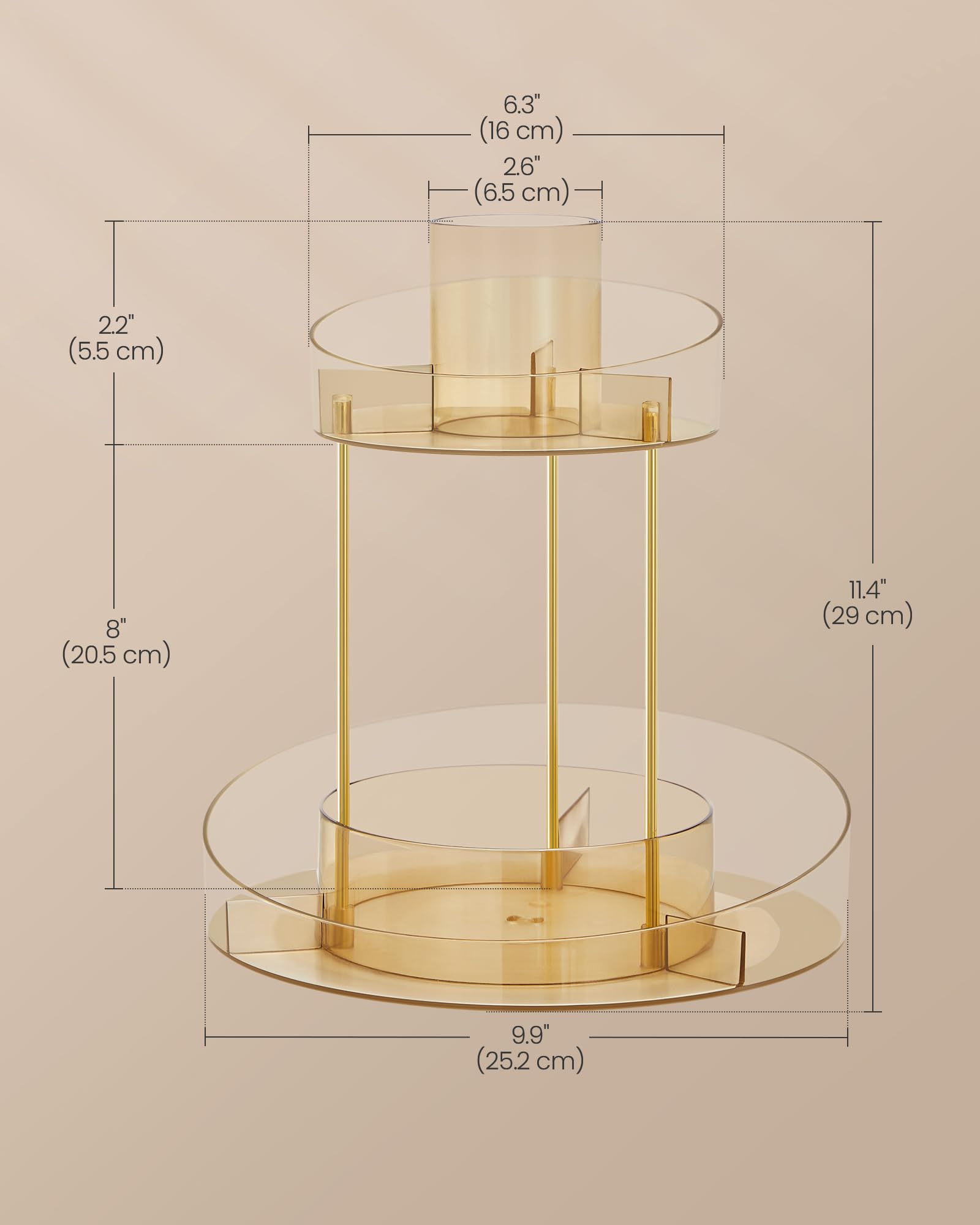 SONGMICS Makeup Organizer, 2-Tier Round Rotating Skincare Organizer, Extra Top Tray Included, Customizable, Large Capacity, Toiletries Vanity Organizer, Champagne Gold UJKA027A01