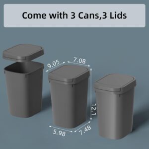 KSSKSS 3 Pack Bathroom Small Trash Can with Lid, 2.6 Gallon Slim Garbage Bin with Pop-Up Lid, 10L Plastic Wastebasket with Press Top Lid for Bedroom, Office, Kitchen, Toilet (Gray)