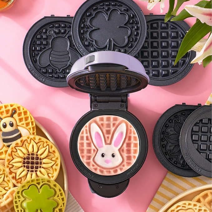 DASH Mini Waffle Maker with 7 Removable Plates-Spring Themed Plates - Bunny Clover Heart with Storage Container Non-Stick Coating- Temperature Control- Indicator Light for Home and Travel, Purple