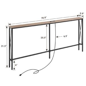 ELYKEN 5.9" Narrow Console Sofa Table with Power Outlets, 5.9" Dx70.9 Wx31.5 H Long Skinny Behind Couch Table with Charge Station and 6.5'Extension Cord, White Oak