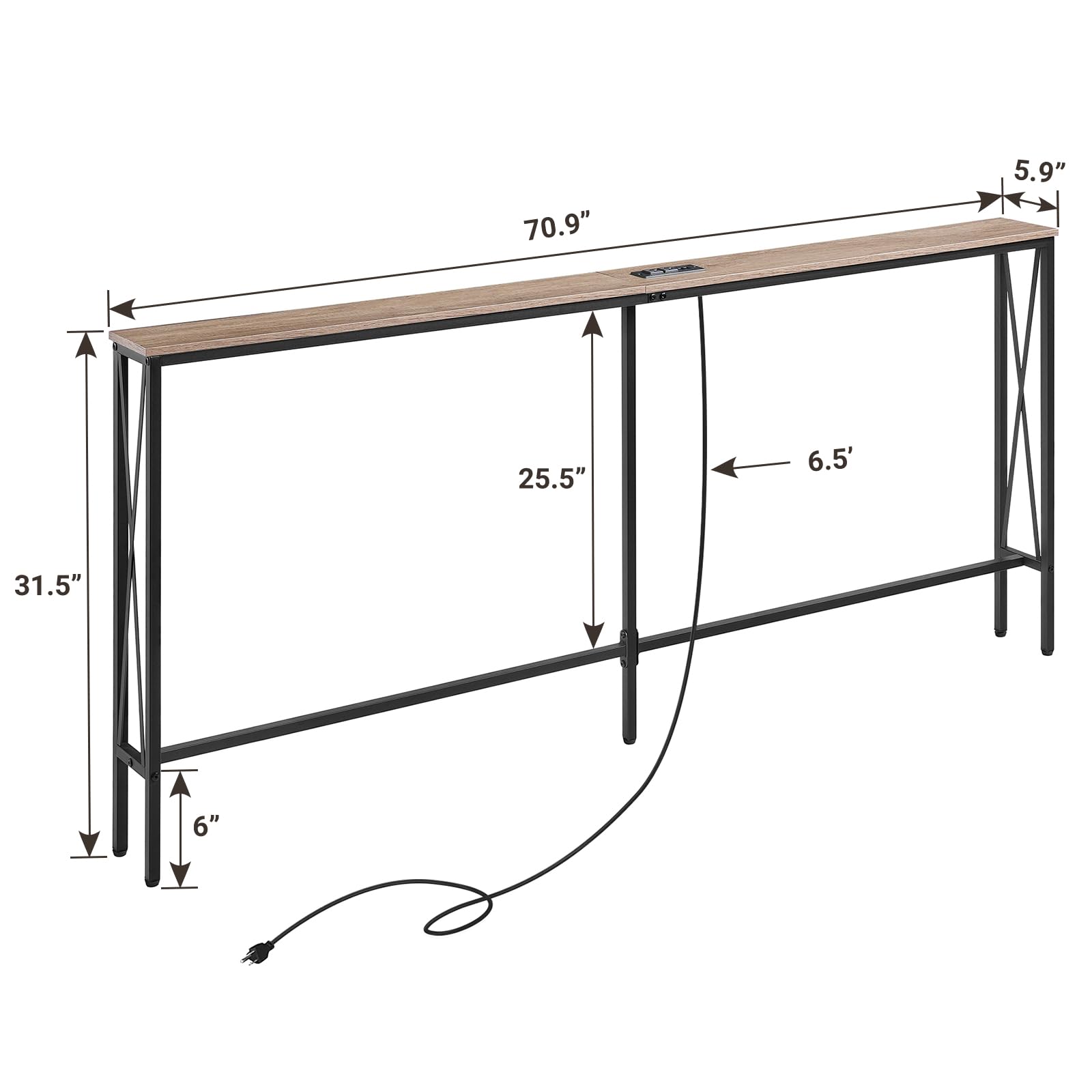 ELYKEN 5.9" Narrow Console Sofa Table with Power Outlets, 5.9" Dx70.9 Wx31.5 H Long Skinny Behind Couch Table with Charge Station and 6.5'Extension Cord, White Oak