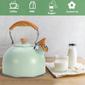 Foedo Tea Kettle Stovetop, 2.6 Quart cute teapot,loud whistle kettle, Food Grade Stainless Steel with Fold wood grain handle, Mint Green,With Anti Scald Towel