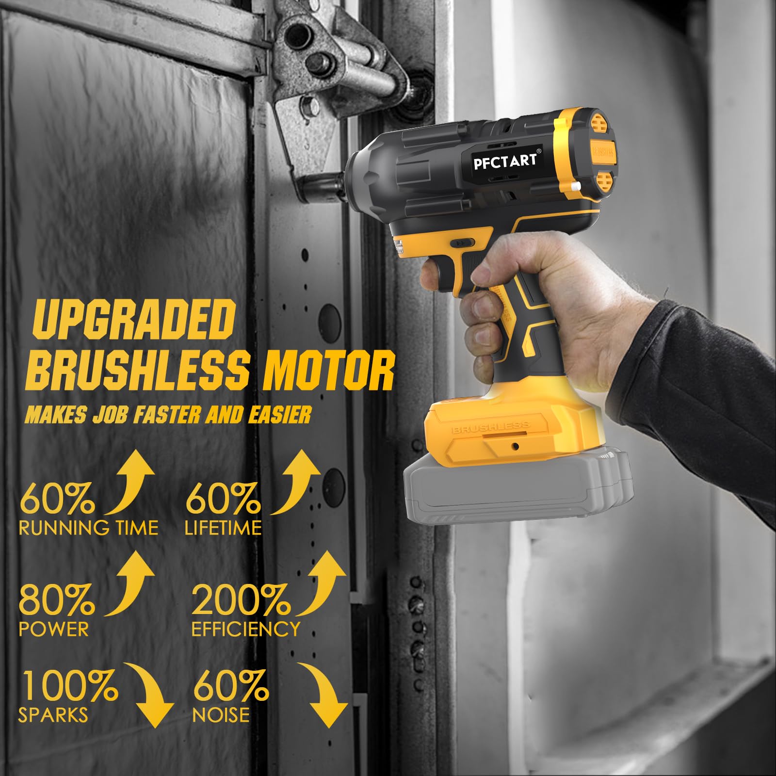 PFCTART Cordless Impact Wrench 1/2, 20V Electric Impact Gun 3300 RPM & Max Torque (1250N.m) 922ft-lbs, Brushless Power Impact Driver with 6 Impact Sockets, Impact Wrench for Tire Lug Nuts