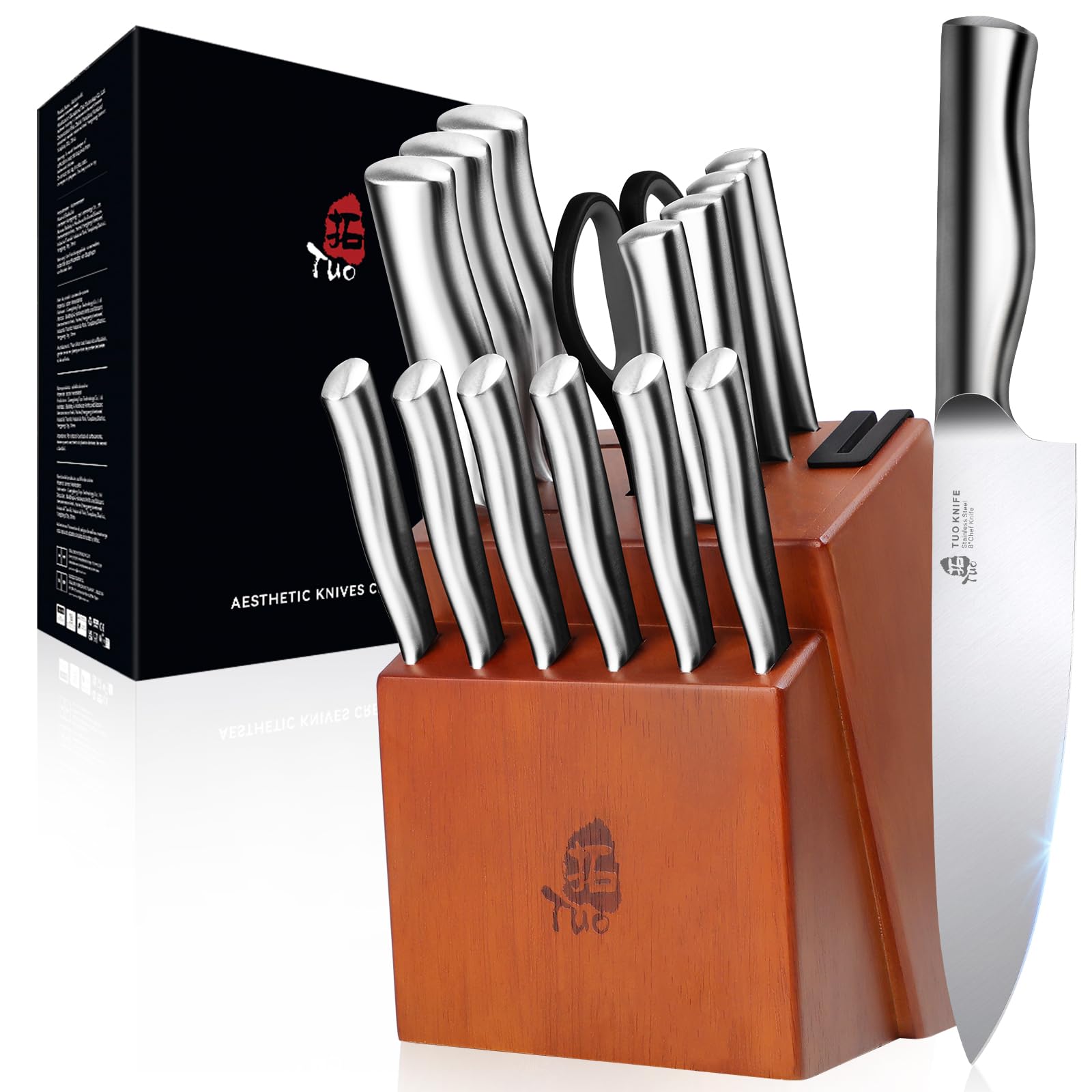 TUO Knife Set with Block and Sharpener, 16 Pcs High Carbon Stainless Steel Knife Block Set, Razor Sharp Kitchen Knife Set, Non-Slip Ergonomic Handle