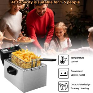 Deep Fryer with Basket, 4.2 Qt Electric Deep Fat Fryer for Home Use, Stainless Steel Countertop Oil Fryer Pot for Chicken, Fries, Fish, Shimp and More, 4 L Capacity with Temperature Control