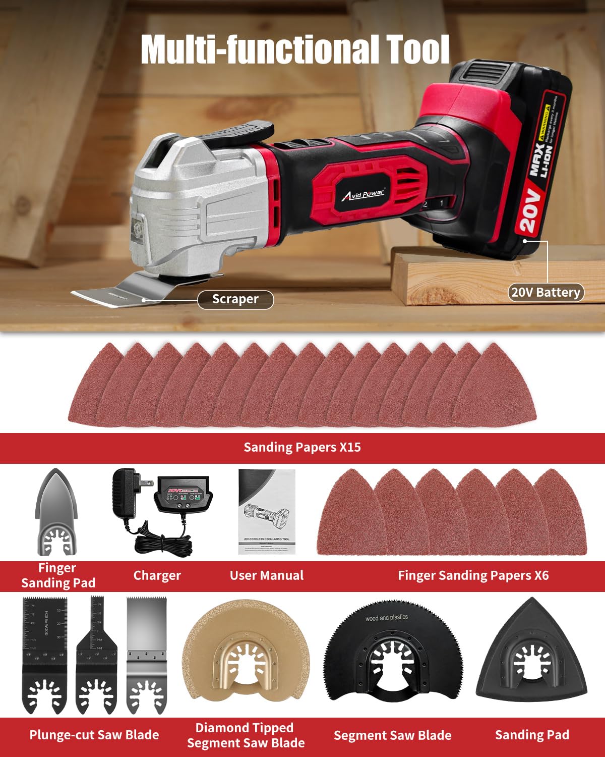 AVID POWER Cordless Oscillating Tool 20V Battery Powered Oscillating Multitool with 2.8° Oscillation Angle, Variable Speed Oscillating Saw w/ 31Pcs Accessories for Scraping/Cutting & Sanding - Red