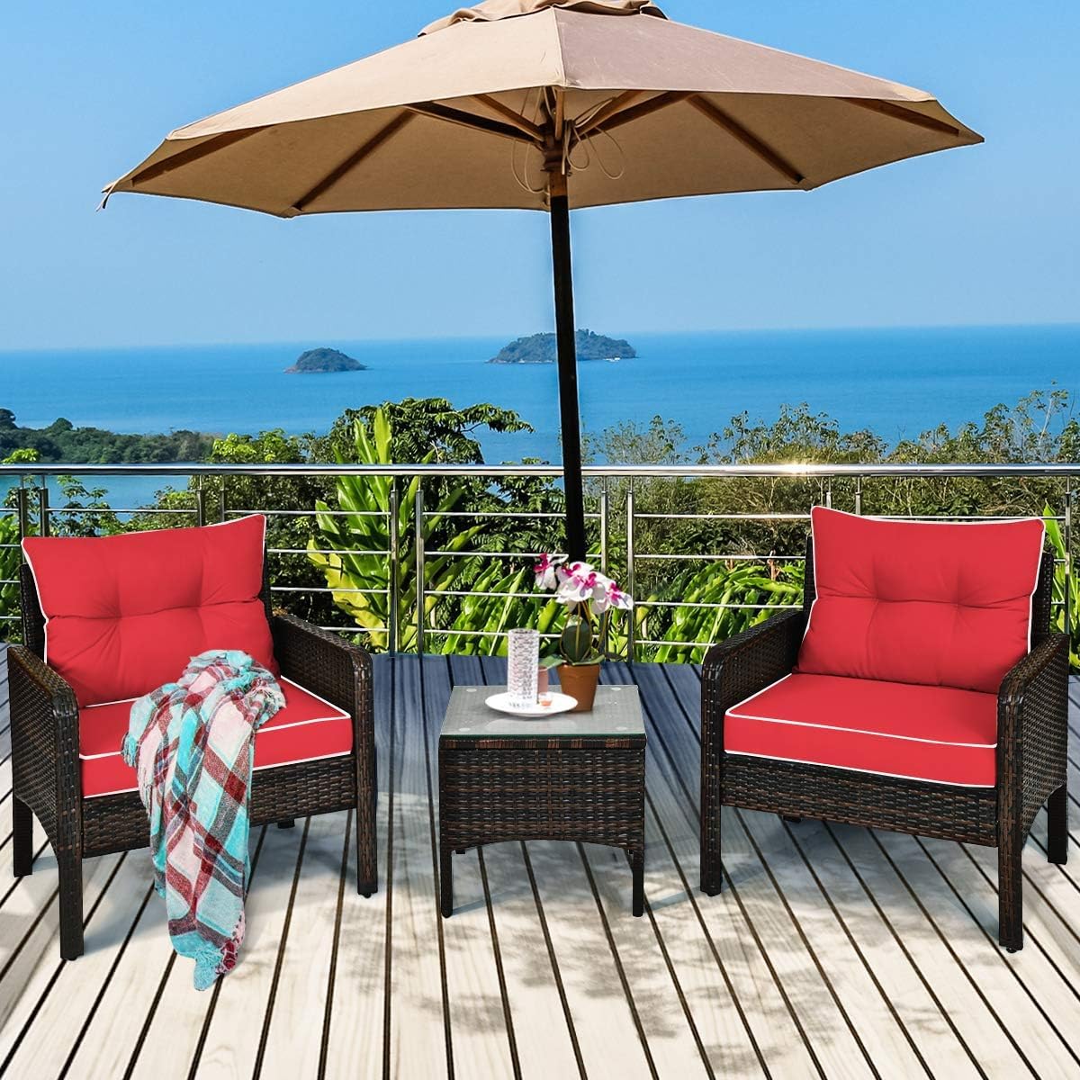 LDAILY Patio Furniture Set, 3 Pieces Outdoor Rattan Patio Chairs with Comfortable Cushion & Glass Tabletop, Outdoor Furniture Wicker Conversation Set for Porch, Balcony, Garden, Poolside (Red)