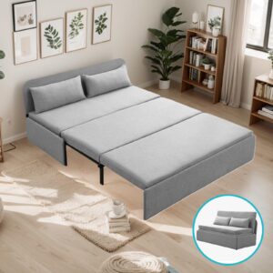 cecer queen size pull out sofa bed, pull out couch bed with 2 pillows, linen convertible sleeper sofa with foldable mattress, 2 in 1 armless sleeper sofa for living room (light grey)