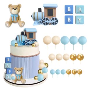 22 pcs bear cake toppers train cake toppers bear balls cake decorations with train baby letters for baby shower gender reveal bear themed birthday party supplies