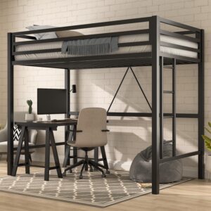 muticor loft bed frame for juniors&adults, metal loft bed twin size with safety guardrail&removable ladder, space-saving, noise free, matte black